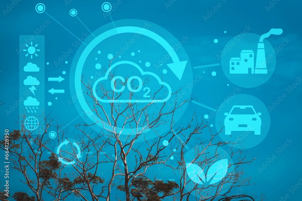 Net zero concept. Net zero icon on dry tree .Carbon affects global ...