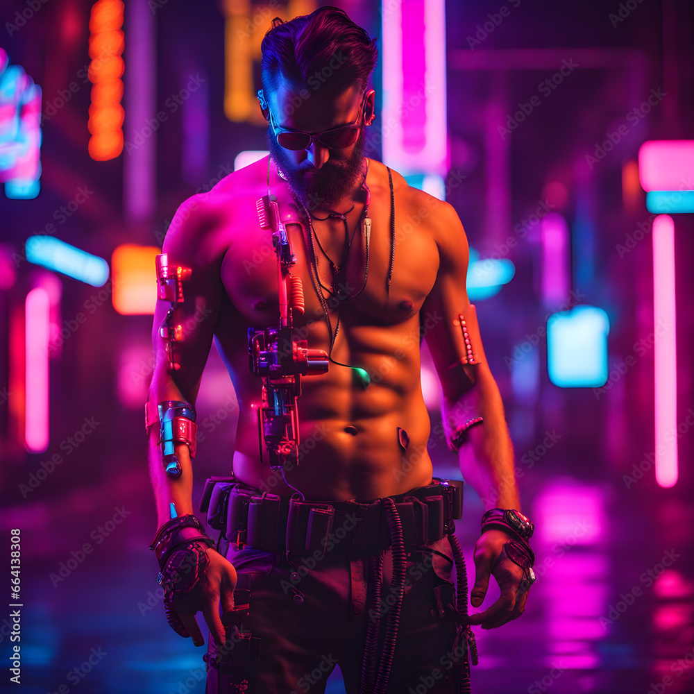 bare-chested man with cybernetic implants in a futuristic city with ...
