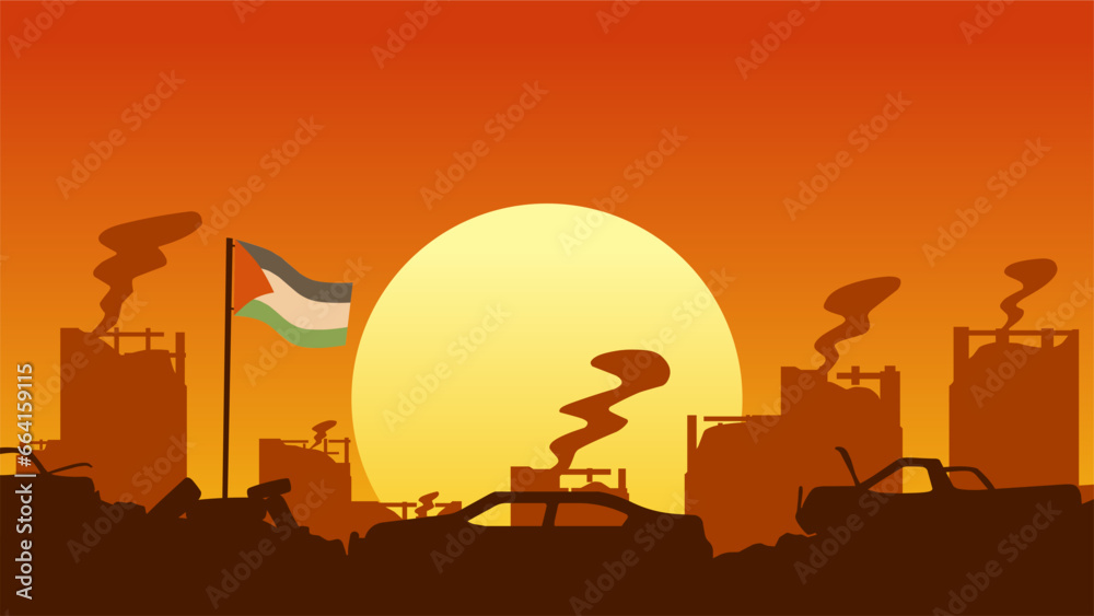 Palestine landscape vector illustration. Silhouette of ruined city in ...