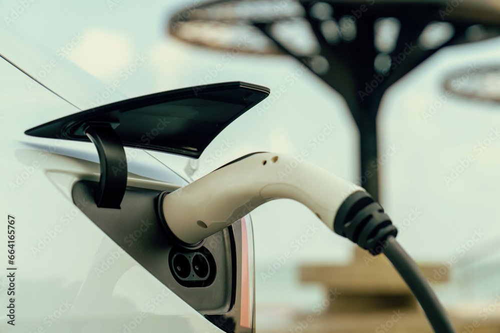 Closeup EV charger handle plugged in or connect to electric car ...