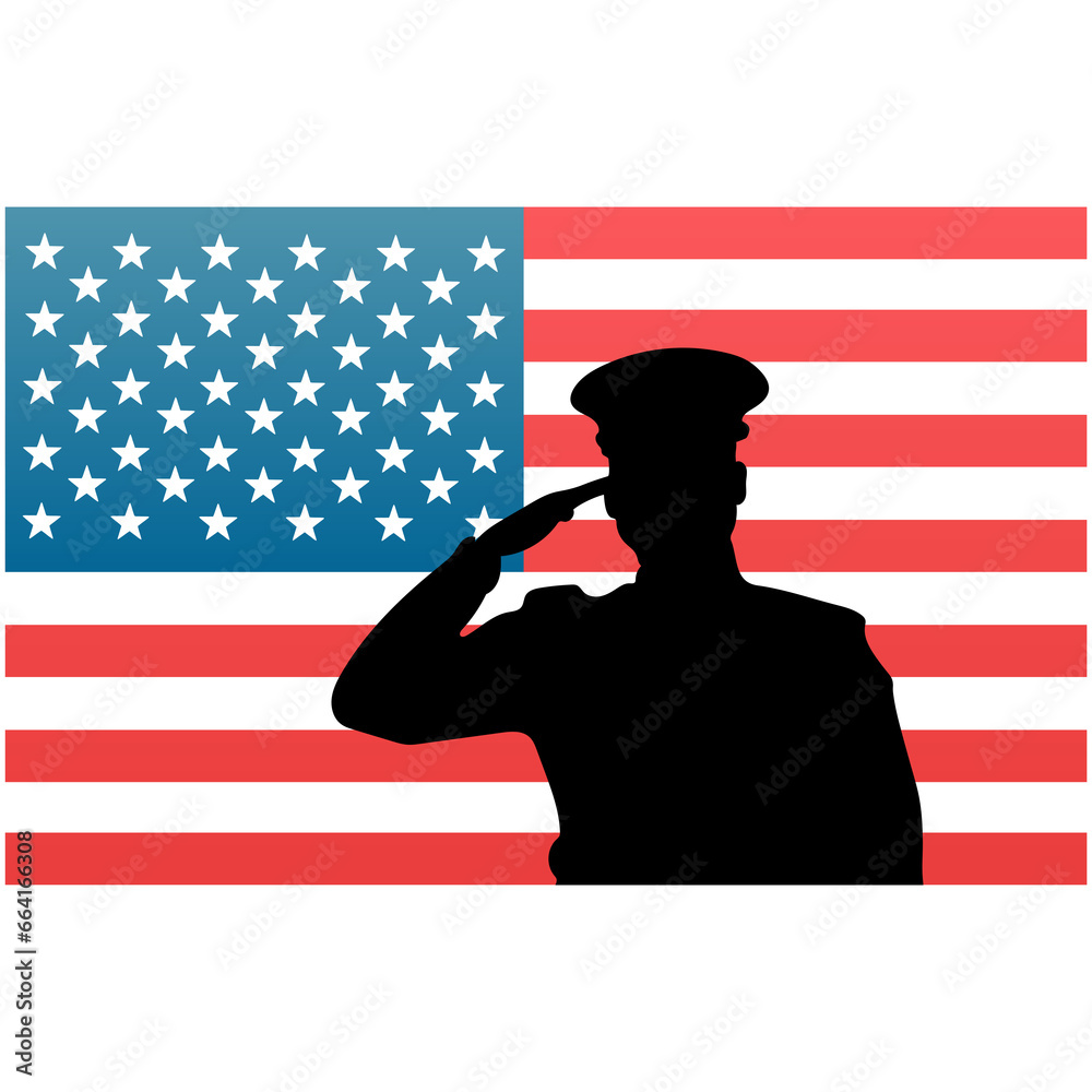 Digital png silhouette of soldier saluting against background of flag ...
