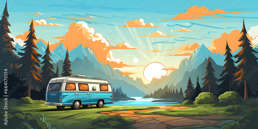 Camper van with nature landscape background Stock Illustration | Adobe ...