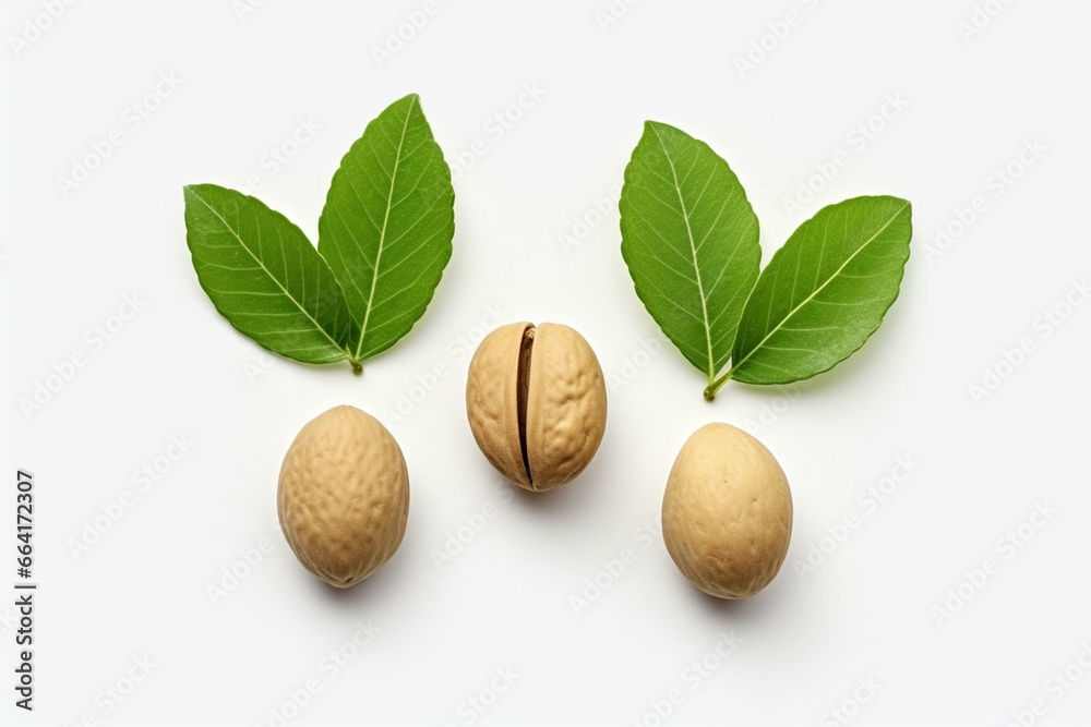 Three nuts with leaves on white background. Chopped nut with oil drop ...