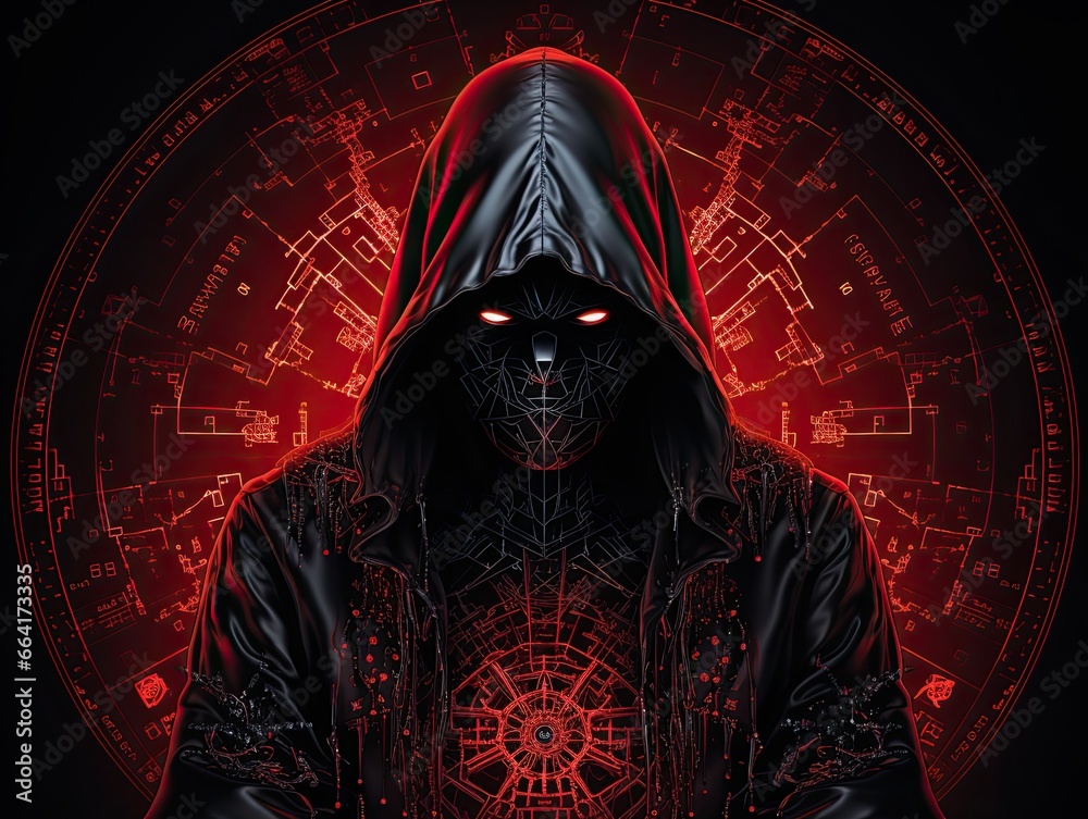 sinister and enigmatic figure, shrouded in a hood and cloak, fractured ...