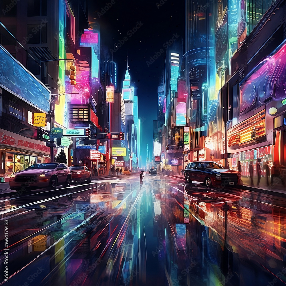 Buildings decorated with neon lights, roads that look like data streams ...