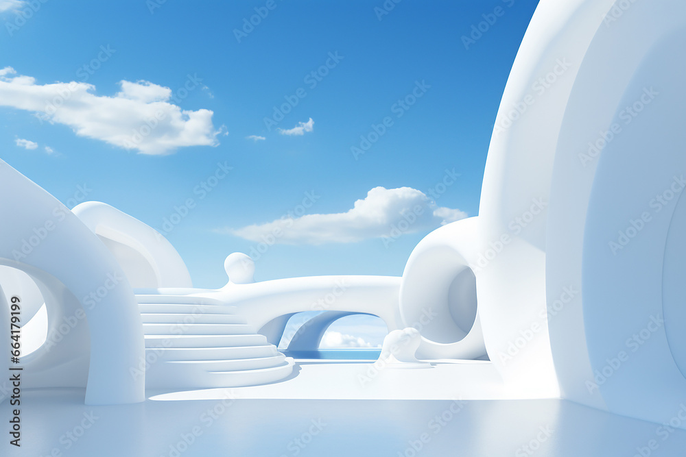 The abstract architecture design of blue an white unrealistic walls and ...