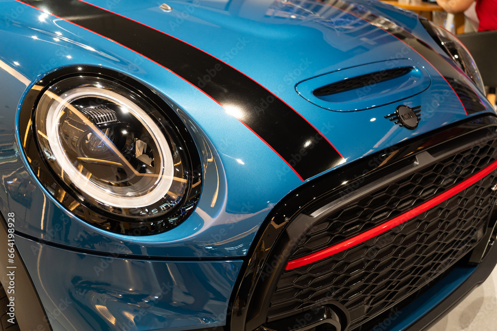 Bangkok Thailand OCT 18 2023: Front view of a Mini Cooper S John Cooper ...