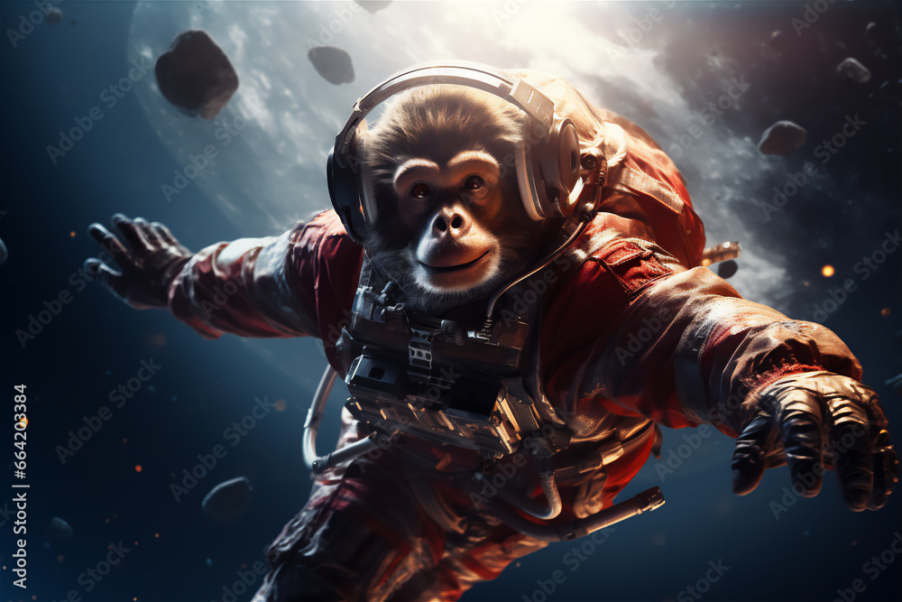 a monkey in an astronaut suit floating in space, full face covered ...
