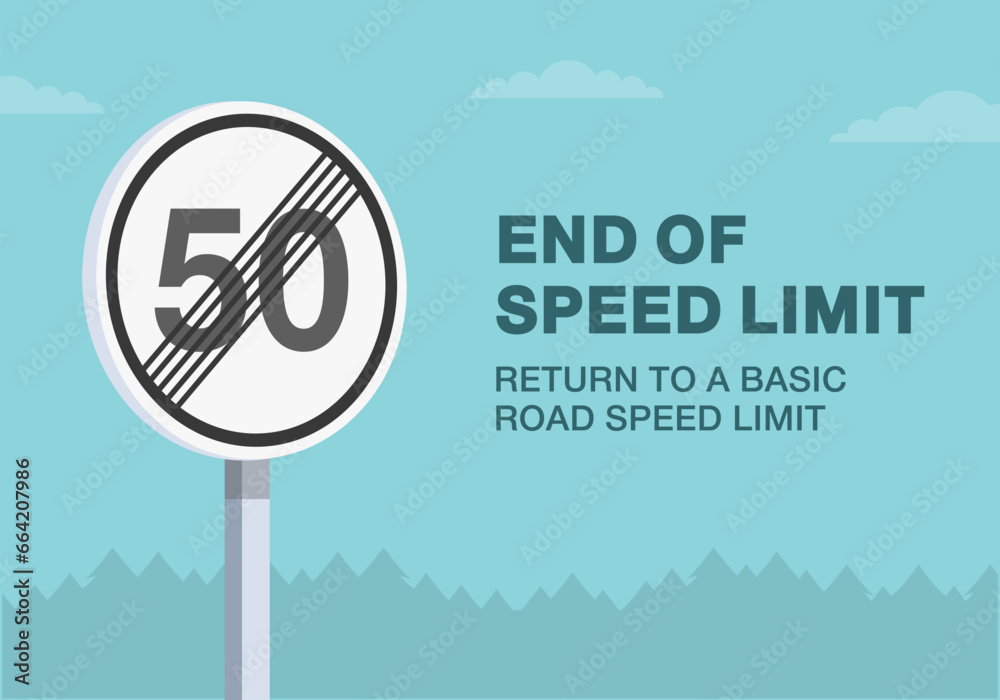 Safe driving tips and traffic regulation rules. End of speed limit ...