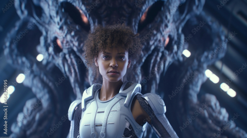 Determined black woman in white outfit confronts menacing monster or ...