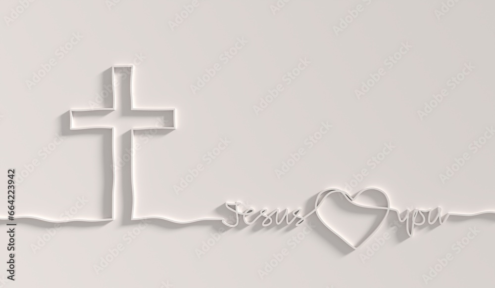 Cross and Jesus loves you text in thin lines style. 3D render Stock ...