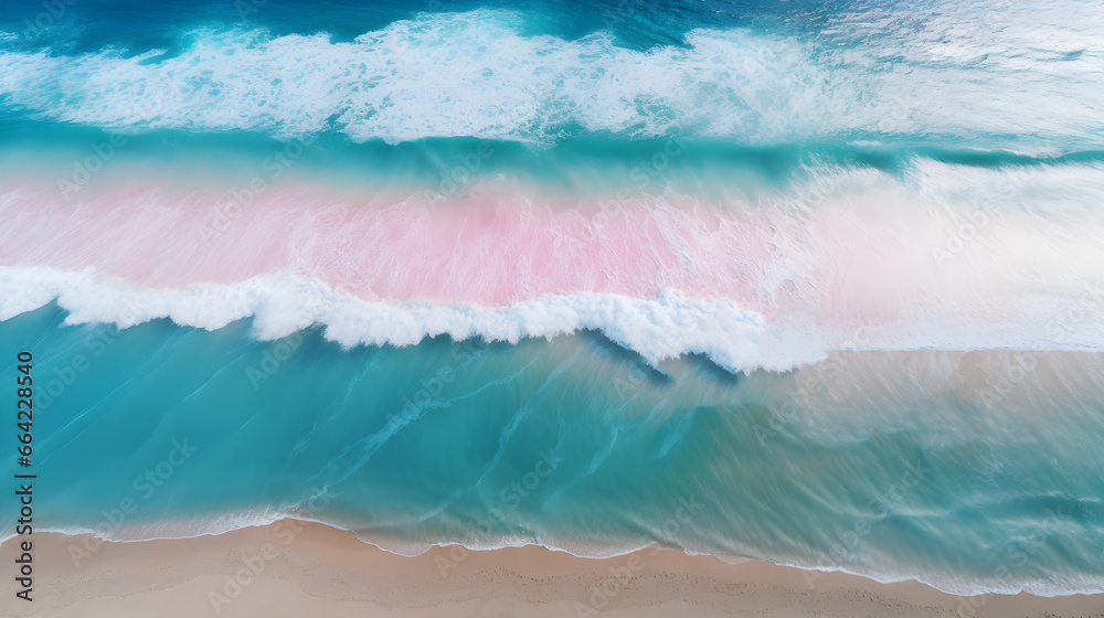 pink ocean waves. Beautiful sandy beach with pink sea background ...