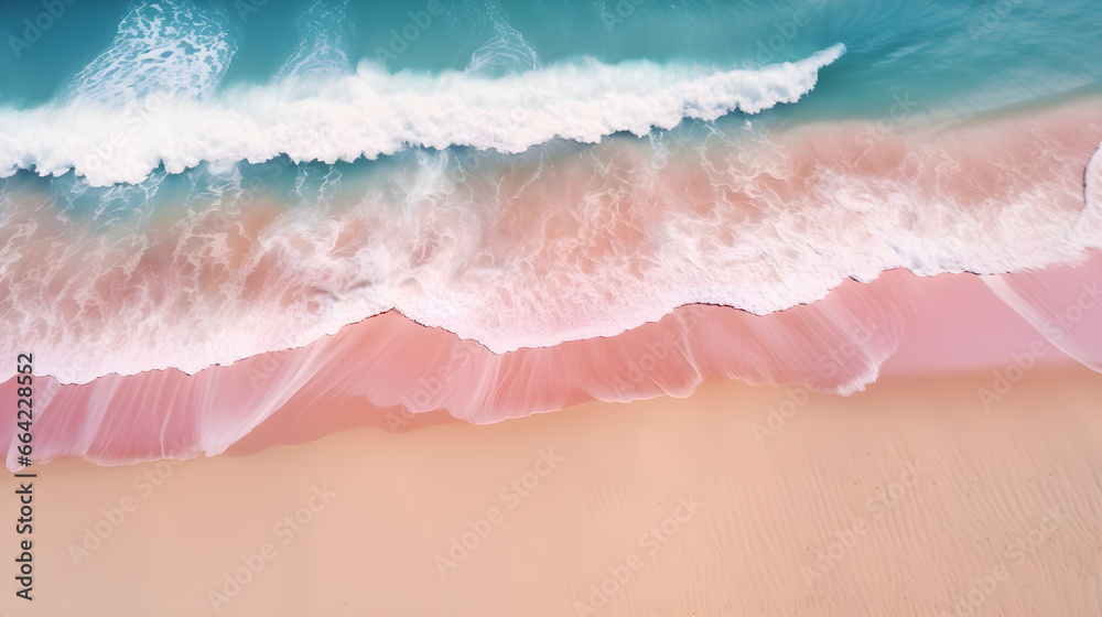 pink ocean waves. Beautiful sandy beach with pink sea background ...