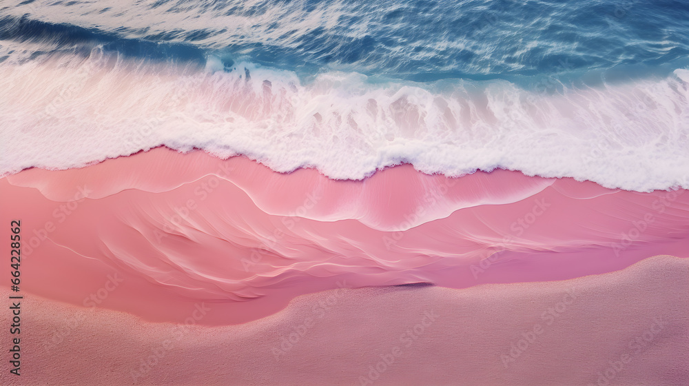 pink ocean waves. Beautiful sandy beach with pink sea background ...
