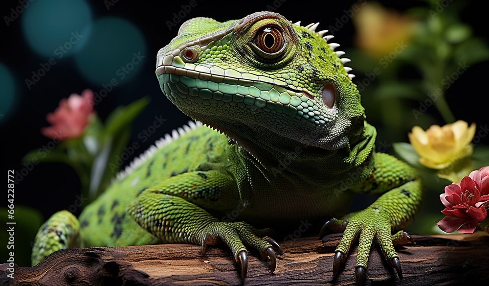 A green lizard on top of a log in front of a dark background. Created ...