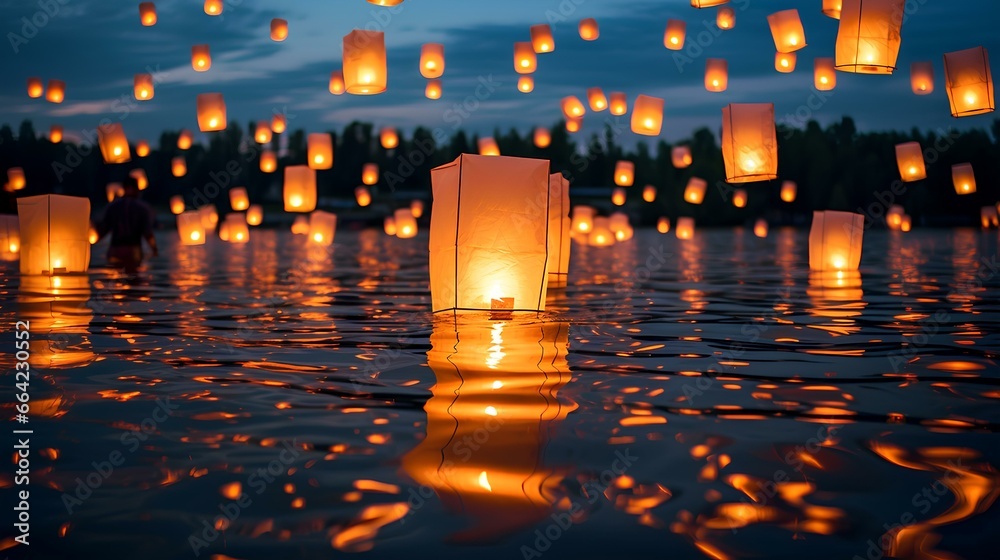 Floating Lanterns Released on a Lake During a Festival. Beautiful sky ...