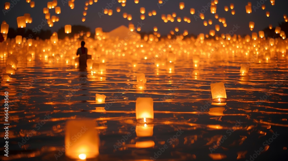 Floating Lanterns Released on a Lake During a Festival. Beautiful sky ...