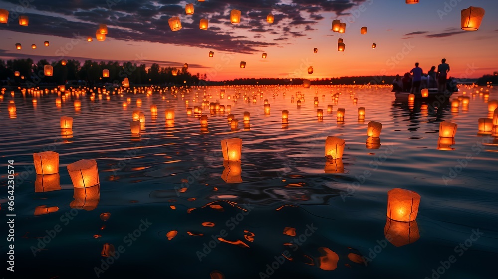 Floating Lanterns Released on a Lake During a Festival. Beautiful sky ...