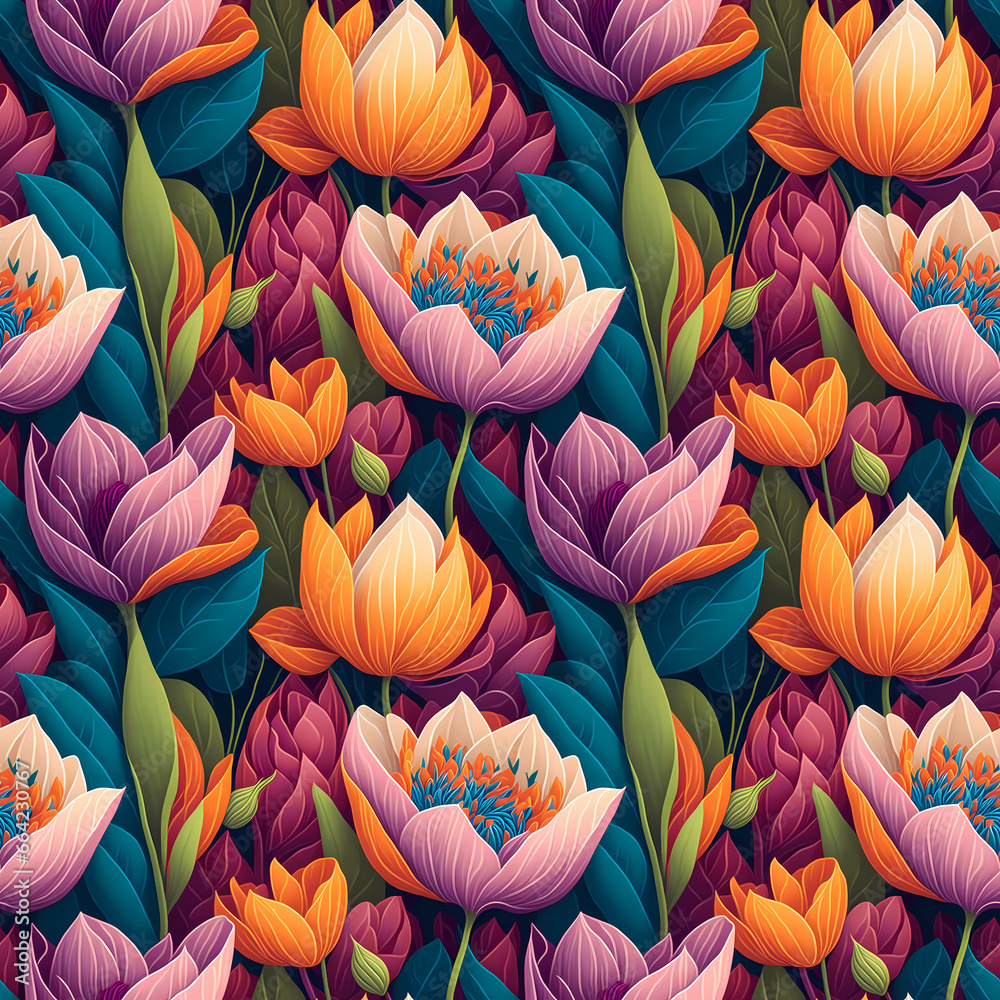 This stunning tulip seamless pattern is a burst of color and elegance ...