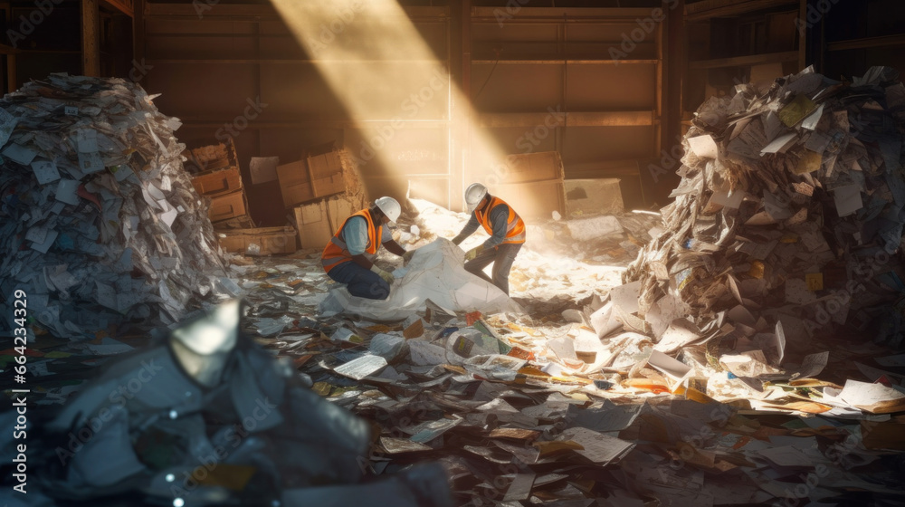 Workers in safety gear sorting through a pile of recyclable materials ...