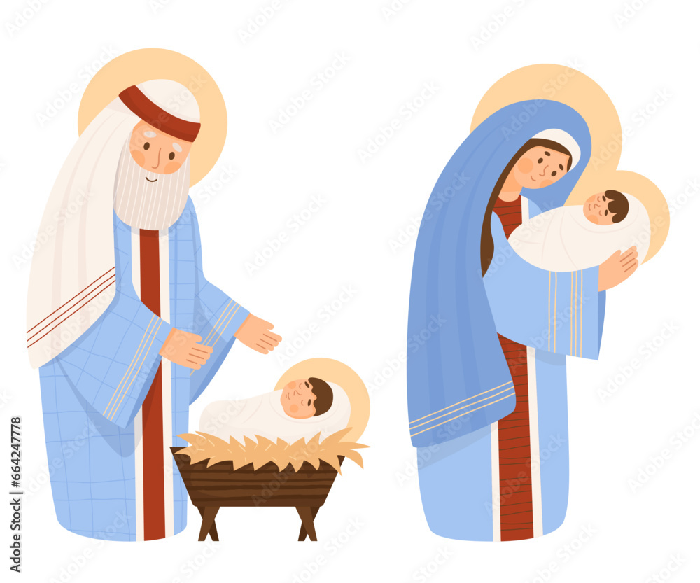 Christmas religious characters. Holy Family. Virgin Mary, Saint Joseph ...