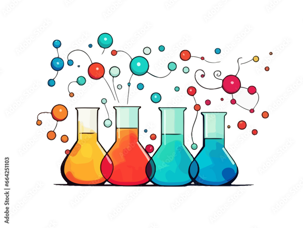 Doodle Beaker with molecules, cartoon sticker, sketch, vector ...