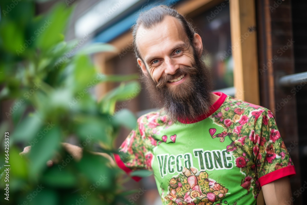 Energetic vegan advocate donning a vibrant smile and spreading ...