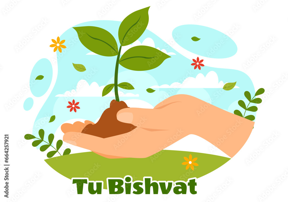 Happy Tu Bishvat Vector Illustration. Translation the Jewish New Year ...