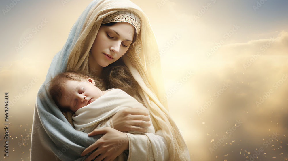 Holy Mary holding baby Jesus Christ in her arms. Graphic representation ...
