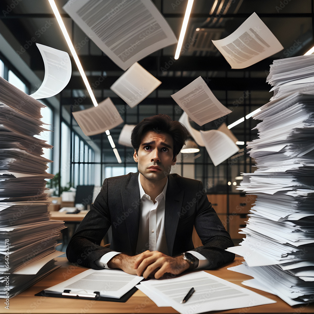 Drowning in Paperwork concept. A stressed man in a suit, defeated by ...