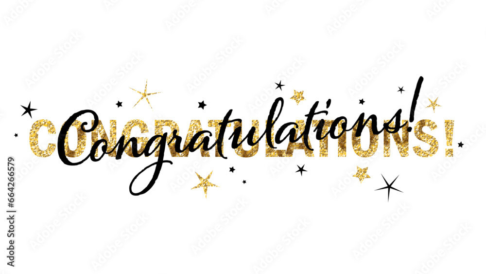CONGRATULATIONS! gold glitter and black vector typography banner with ...