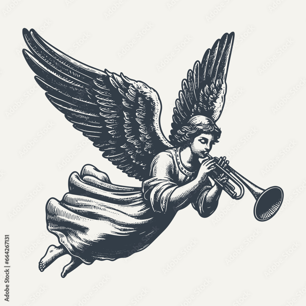 Flying angel messenger. Vintage woodcut engraving style vector ...