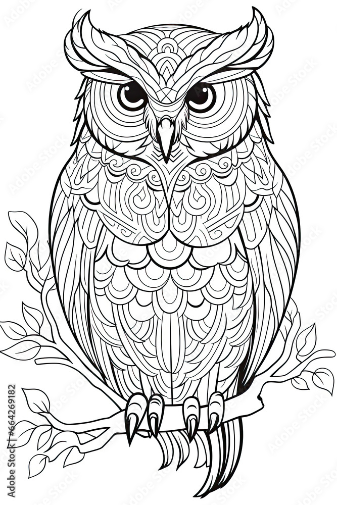 coloring page of night owl or hooter in a line art hand drawn style for ...