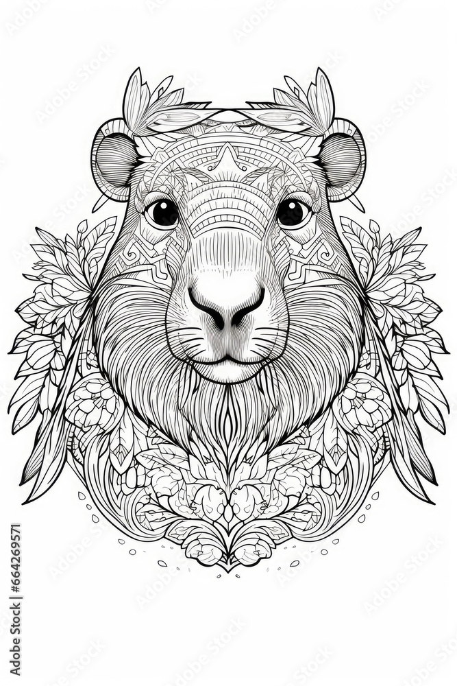 coloring page with mandala ornaments of a capybara head in a line art ...