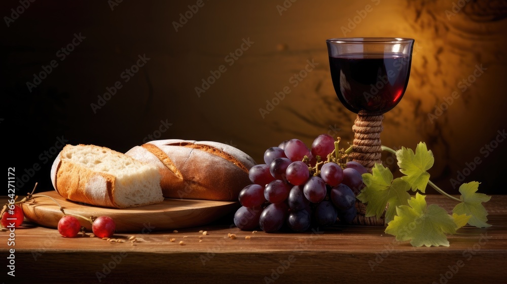 Communion symbolism Bread grape juice crown of thorns wooden table ...
