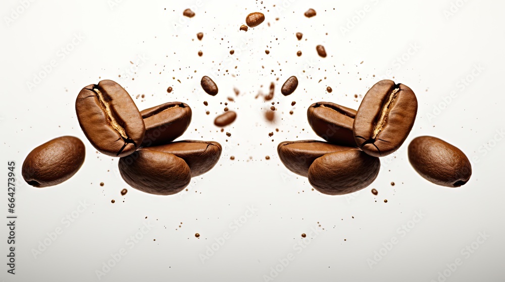 Coffee beans crash together in mid air on a white backdrop Stock ...