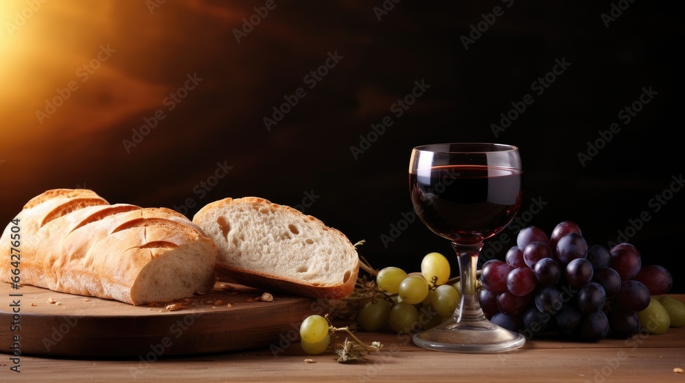 Communion symbolism Bread grape juice crown of thorns wooden table ...