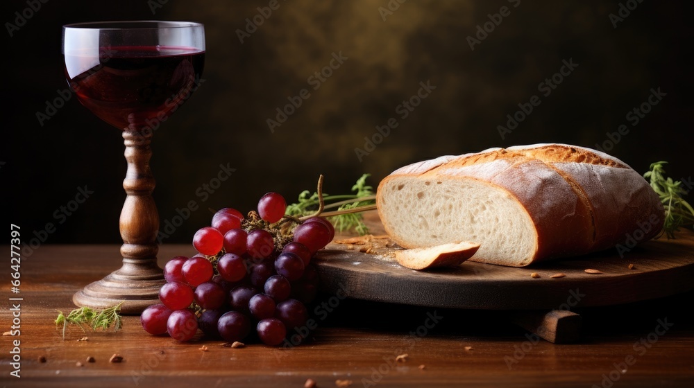 Communion symbolism Bread grape juice crown of thorns wooden table ...