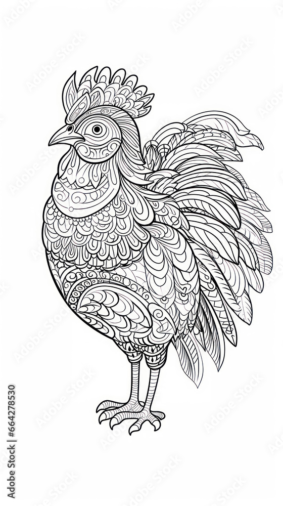 Cute chicken coloring page with mandala element in a line art hand ...
