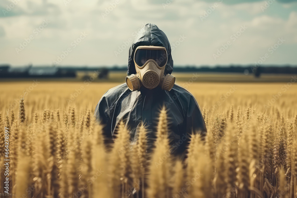 Person In Hazmat Suit And Gas Mask In Wheat Field, Illustrating Toxic ...