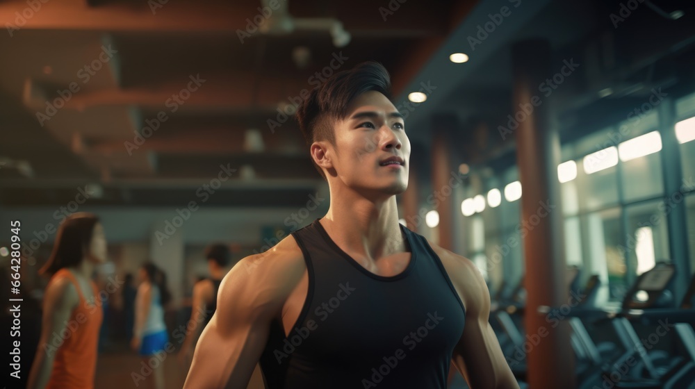 Foto de Inside a Gym - Young Man with Impressive Muscles Pumping Iron ...