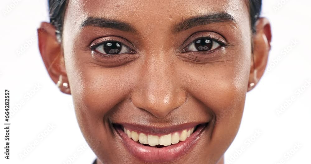 Indian woman, face and studio closeup for smile, beauty and pride with ...