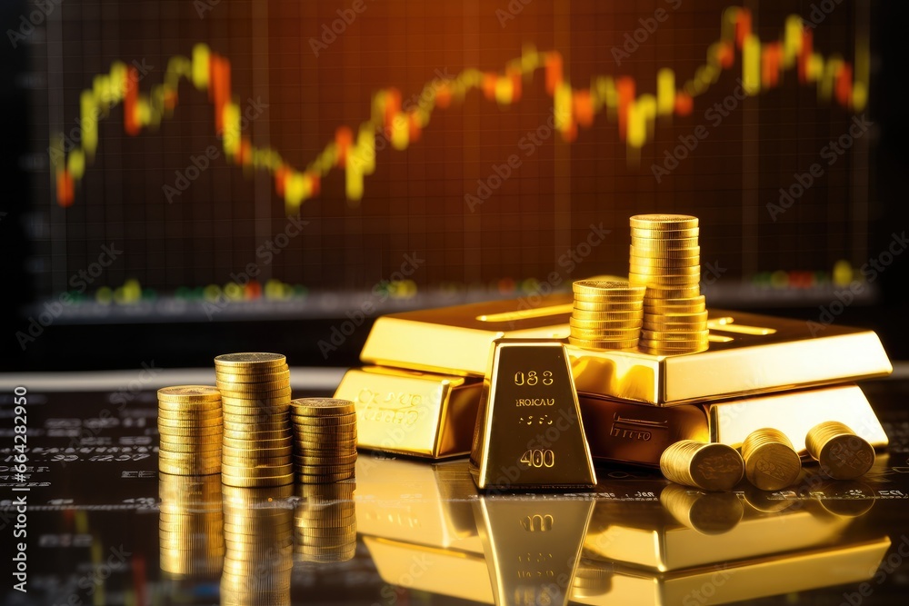 Gold bars and coins on the background of the stock exchange chart, Gold ...