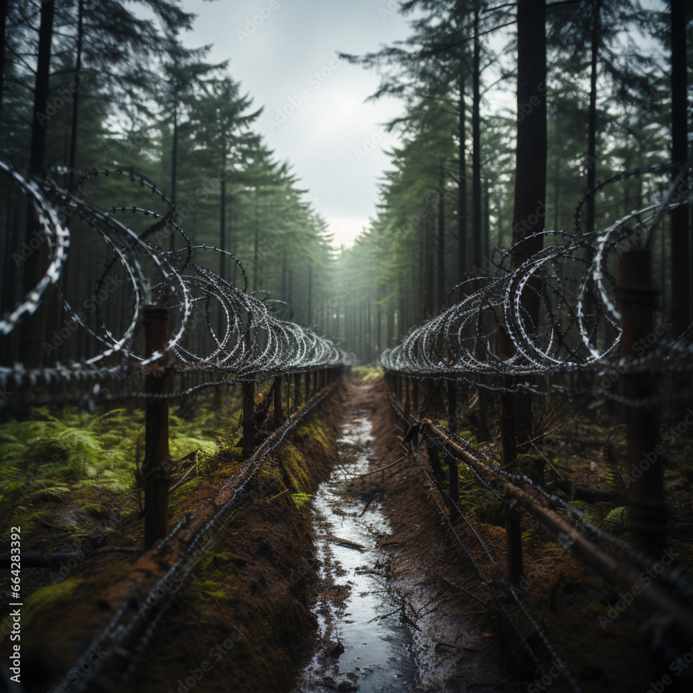 Fence a country border with barbed wire, ai generated Stock ...