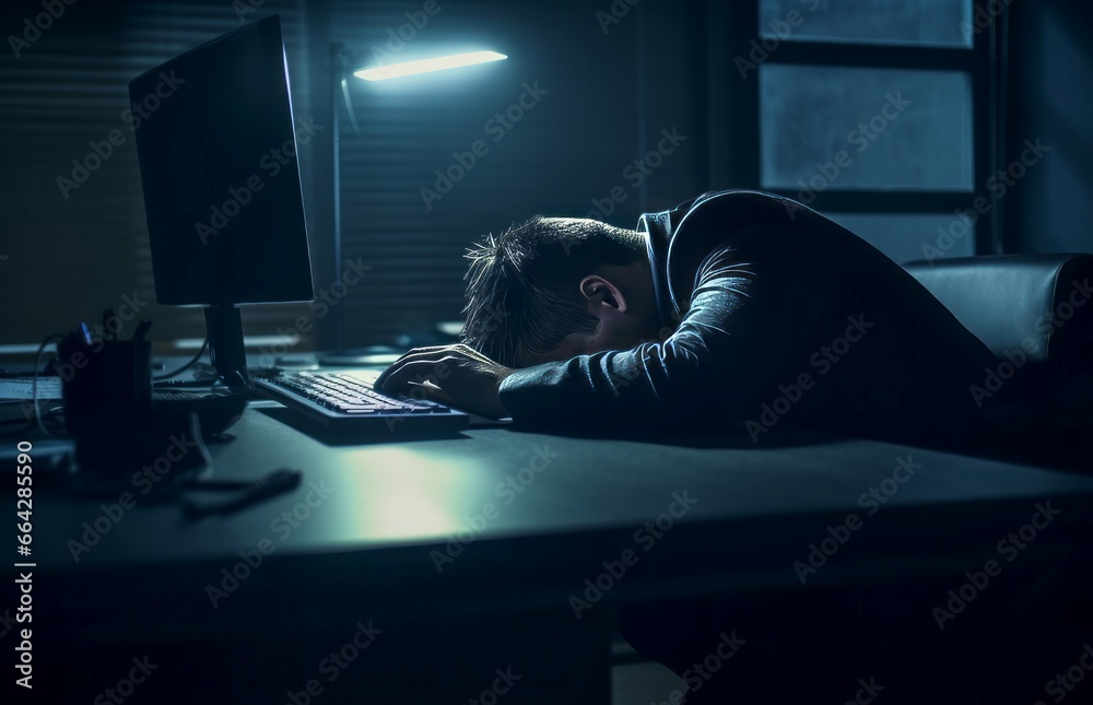 CEO sleeping on table with face down. Exhausted businessman falling ...