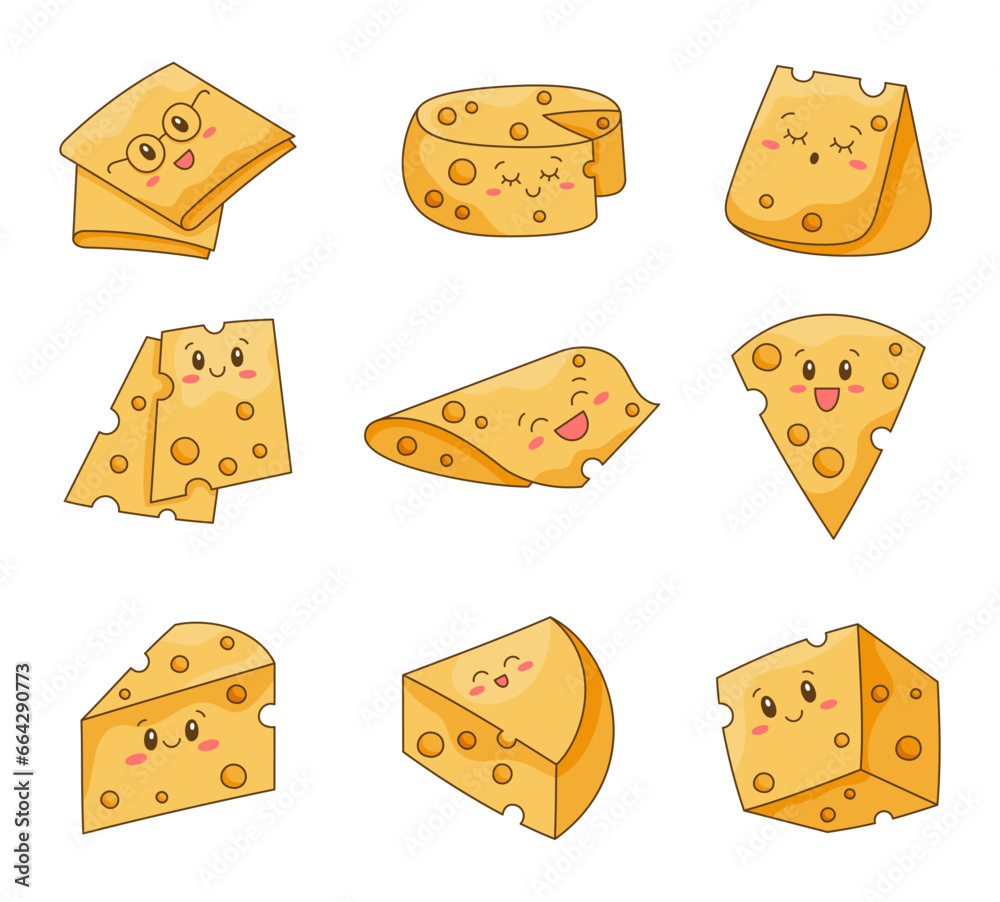 Cute kawaii cheese. Funny happy food characters. Childrens restaurant ...