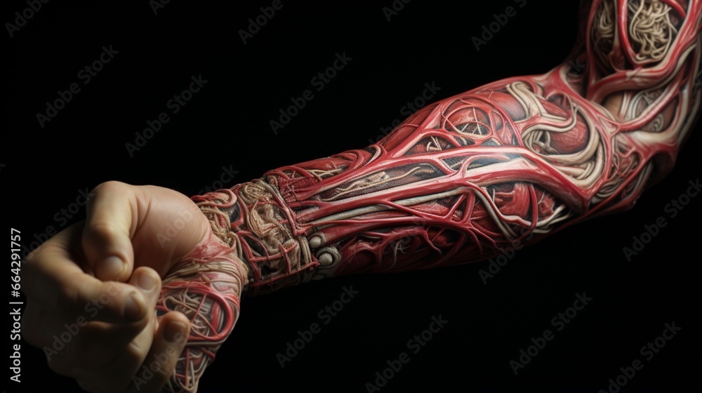 A detailed anatomical illustration focusing on the human elbow ...