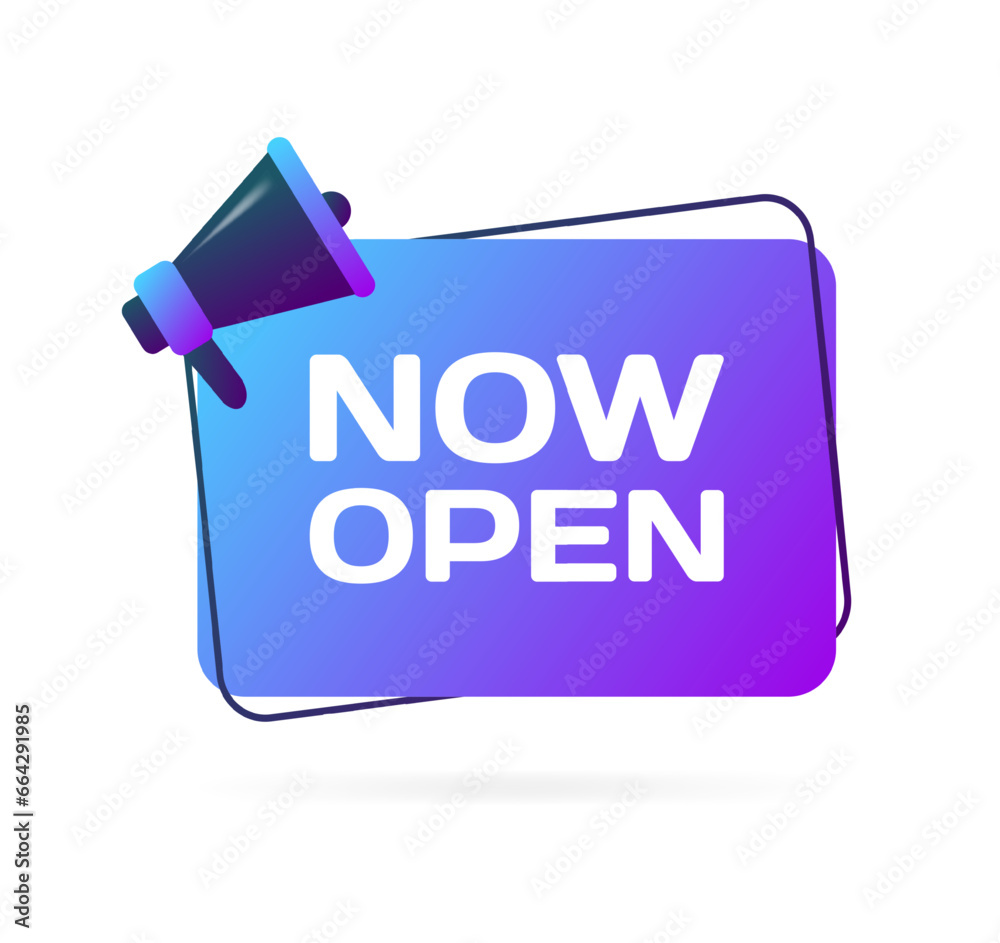 Now open sign. Flat, purple, sign with megaphone, now open icon, now ...