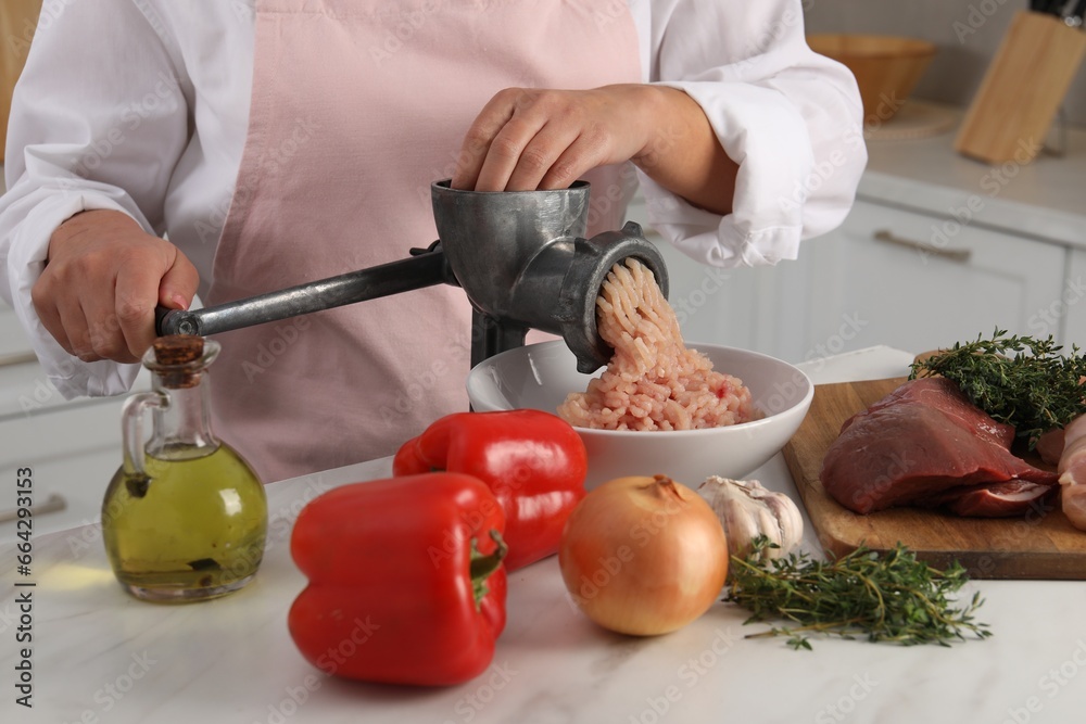 Woman making chicken mince with metal meat grinder at white table in ...