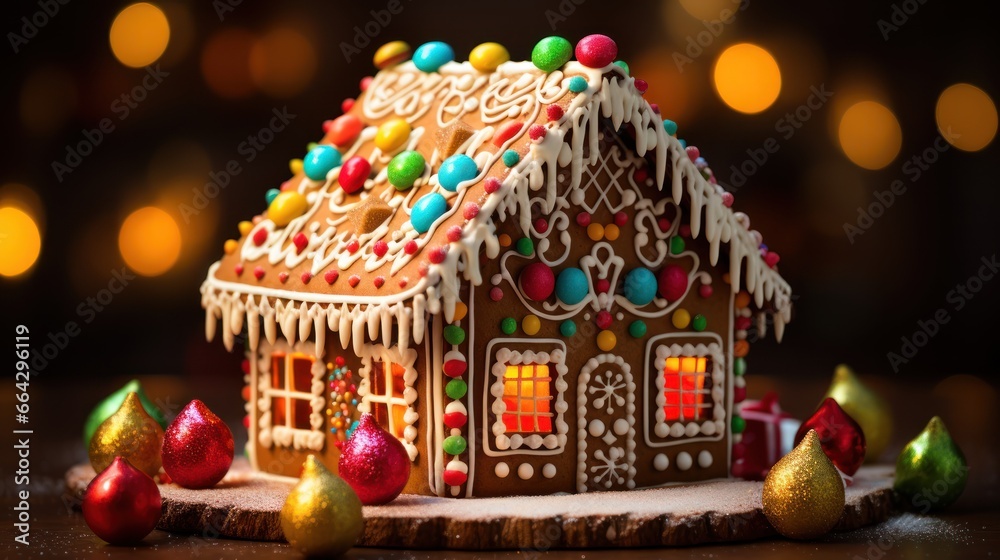 Detailed gingerbread house stands proudly, adorned with colorful ...